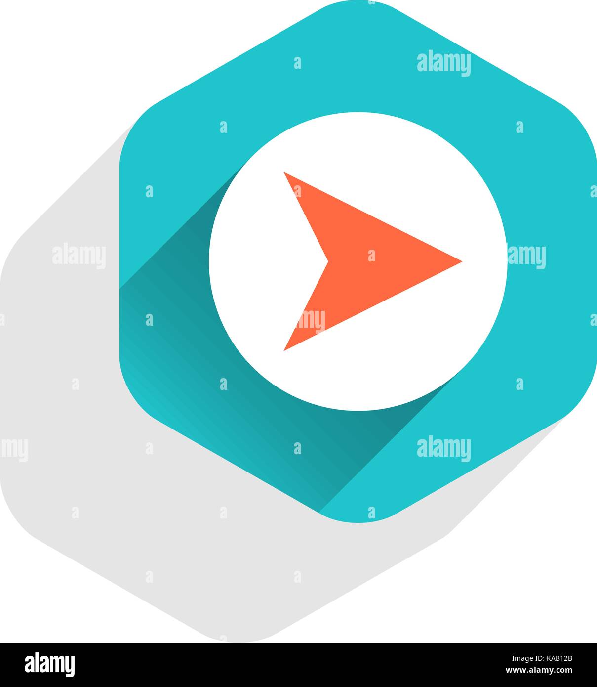 Arrow sign on round icon in hexagon shape. Web internet button in flat ...