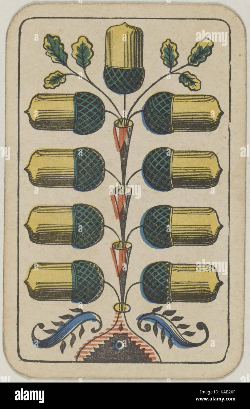 Swiss card deck 1850 9 of Acorns Stock Photo - Alamy