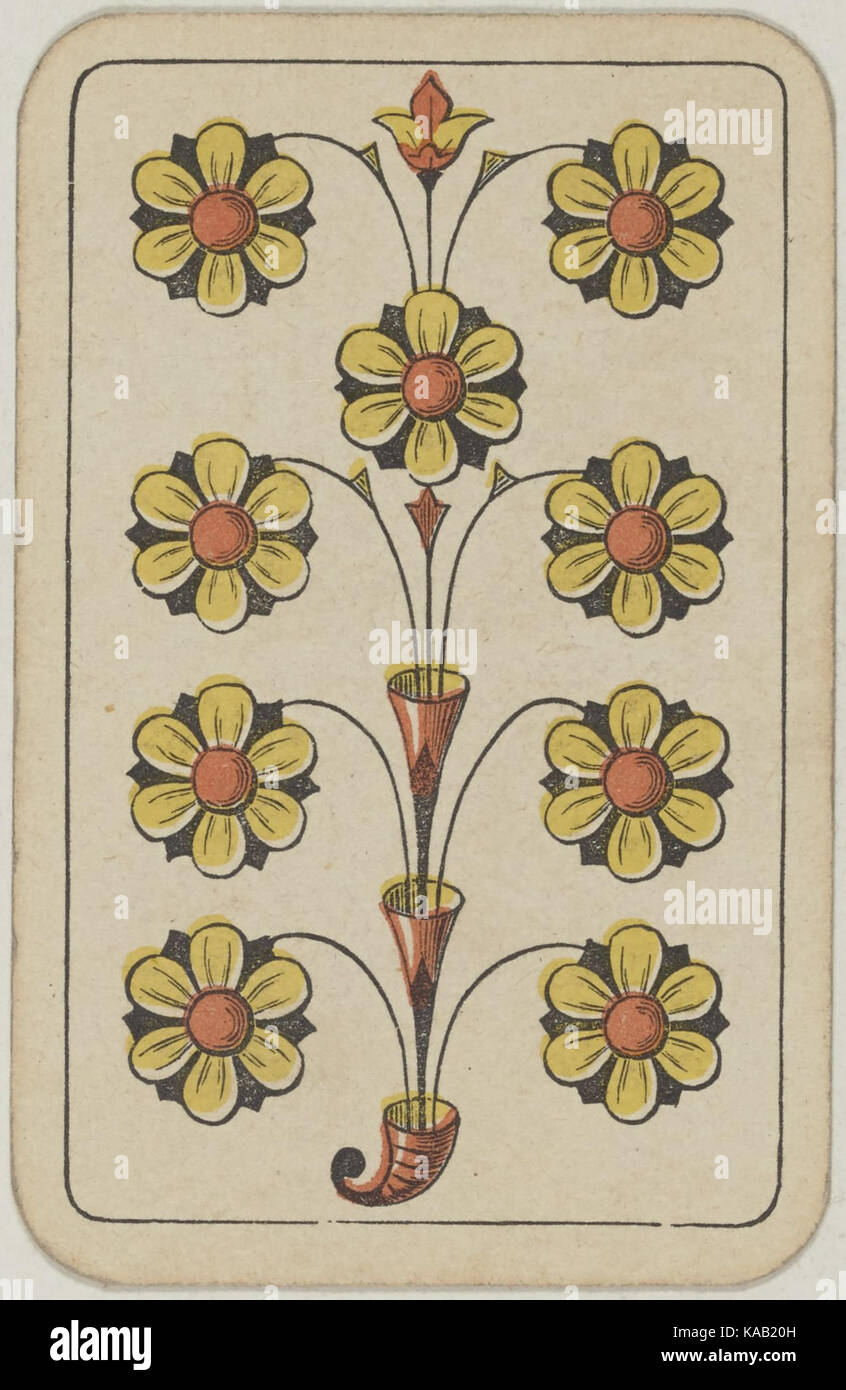 A Swiss card deck from 1850 featuring the 9 of Flowers, part of ...
