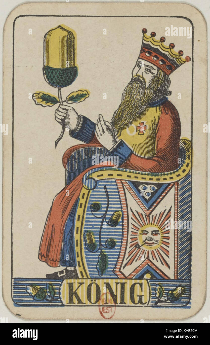 This 1850 Swiss card deck features the 'King of Acorns' card ...