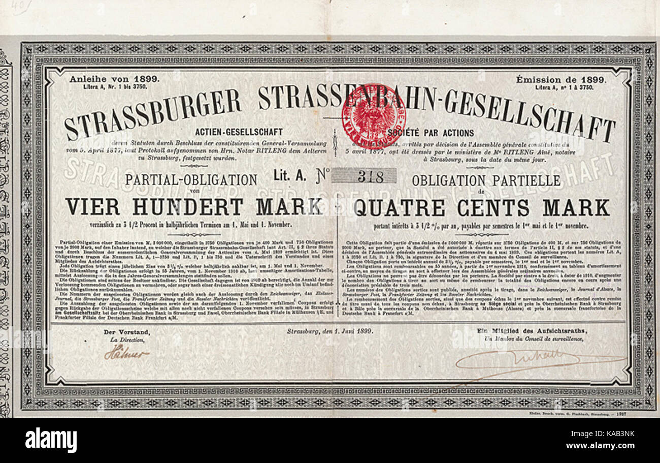 Strassburger Strassenbahn Gesellschaft AG 400 Mk 1899 Stock Photo - Alamy