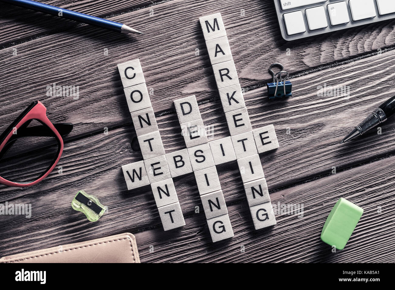 Conceptual business keywords on table with elements of game maki Stock ...