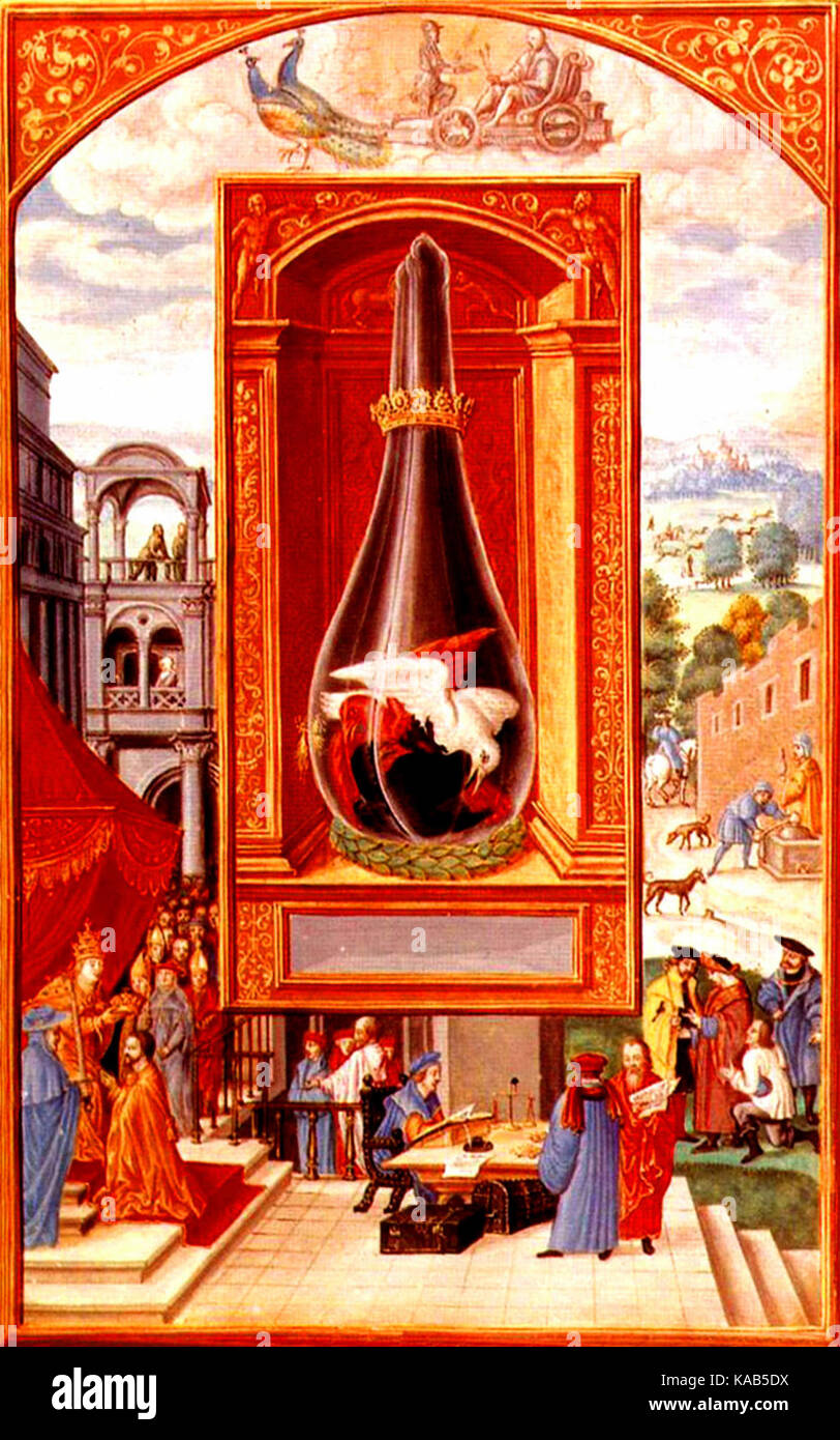 An illustration from 'Splendor Solis,' depicting Jupiter and the three ...