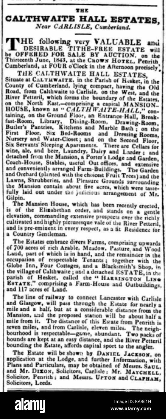 Sale notice Calthwaite Hall 1843 Stock Photo - Alamy