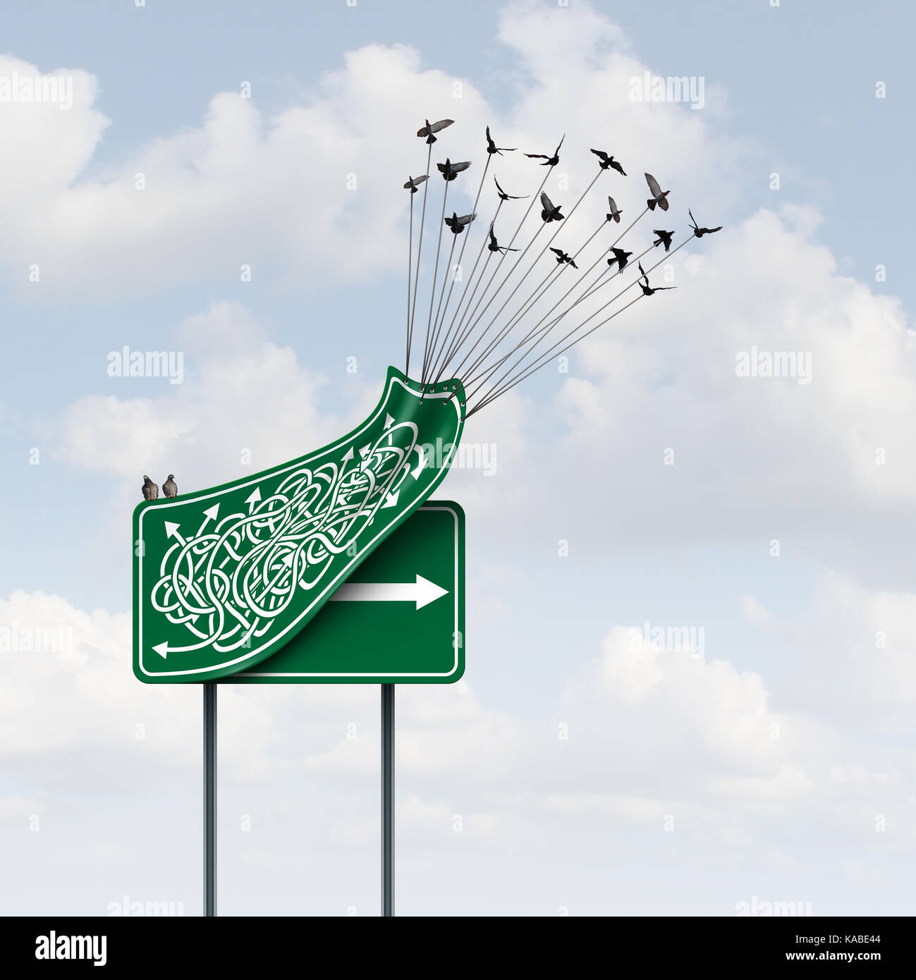 Business way concept as a group of birds lifting up a confused ...