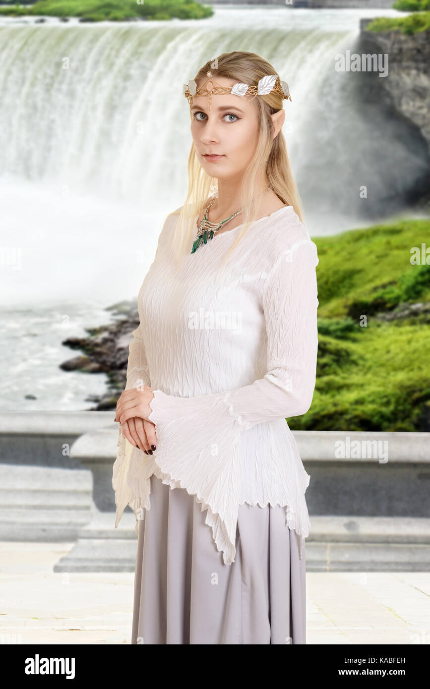 female high elf with waterfall Stock Photo - Alamy