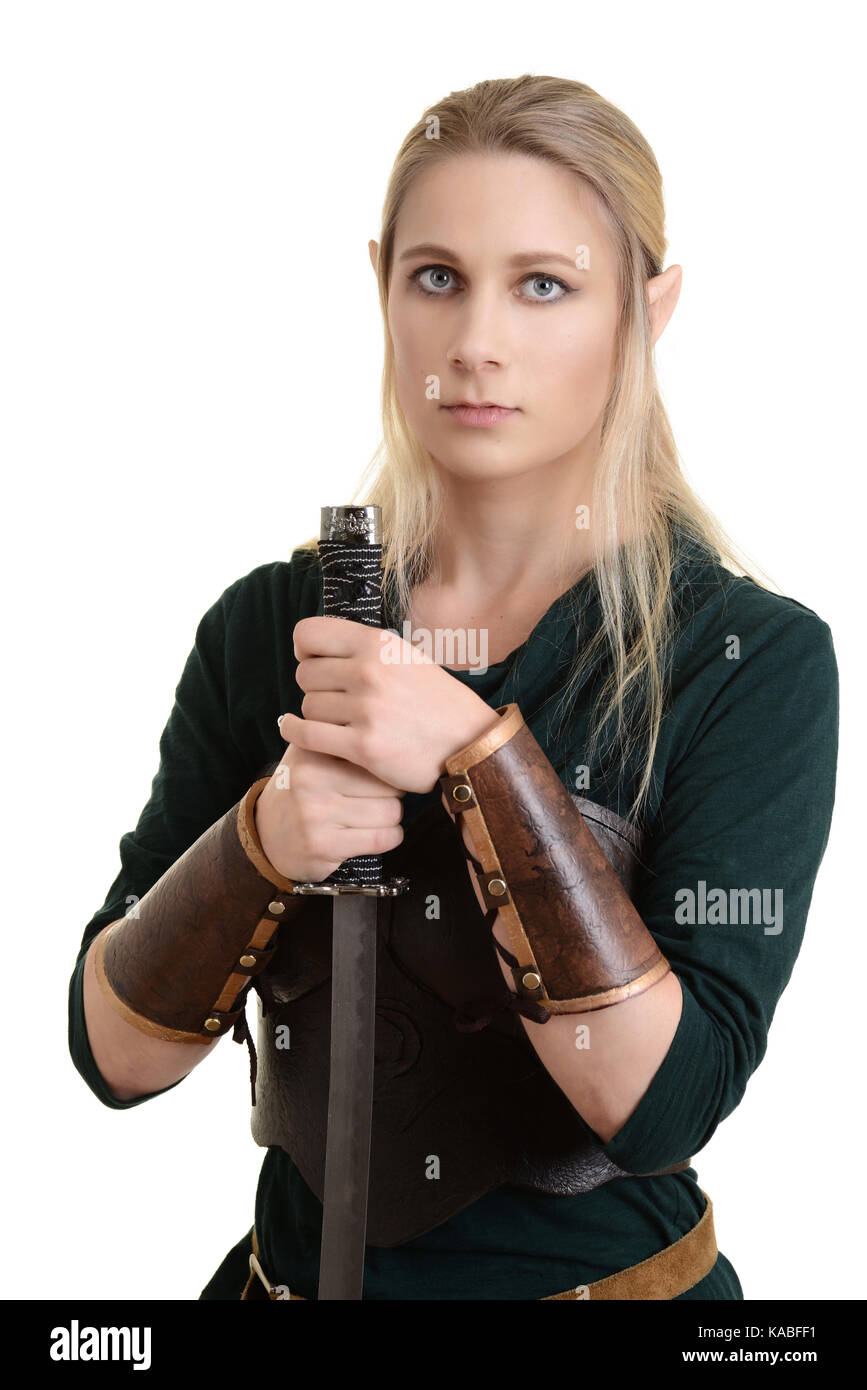 isolated female wood elf with sword Stock Photo - Alamy
