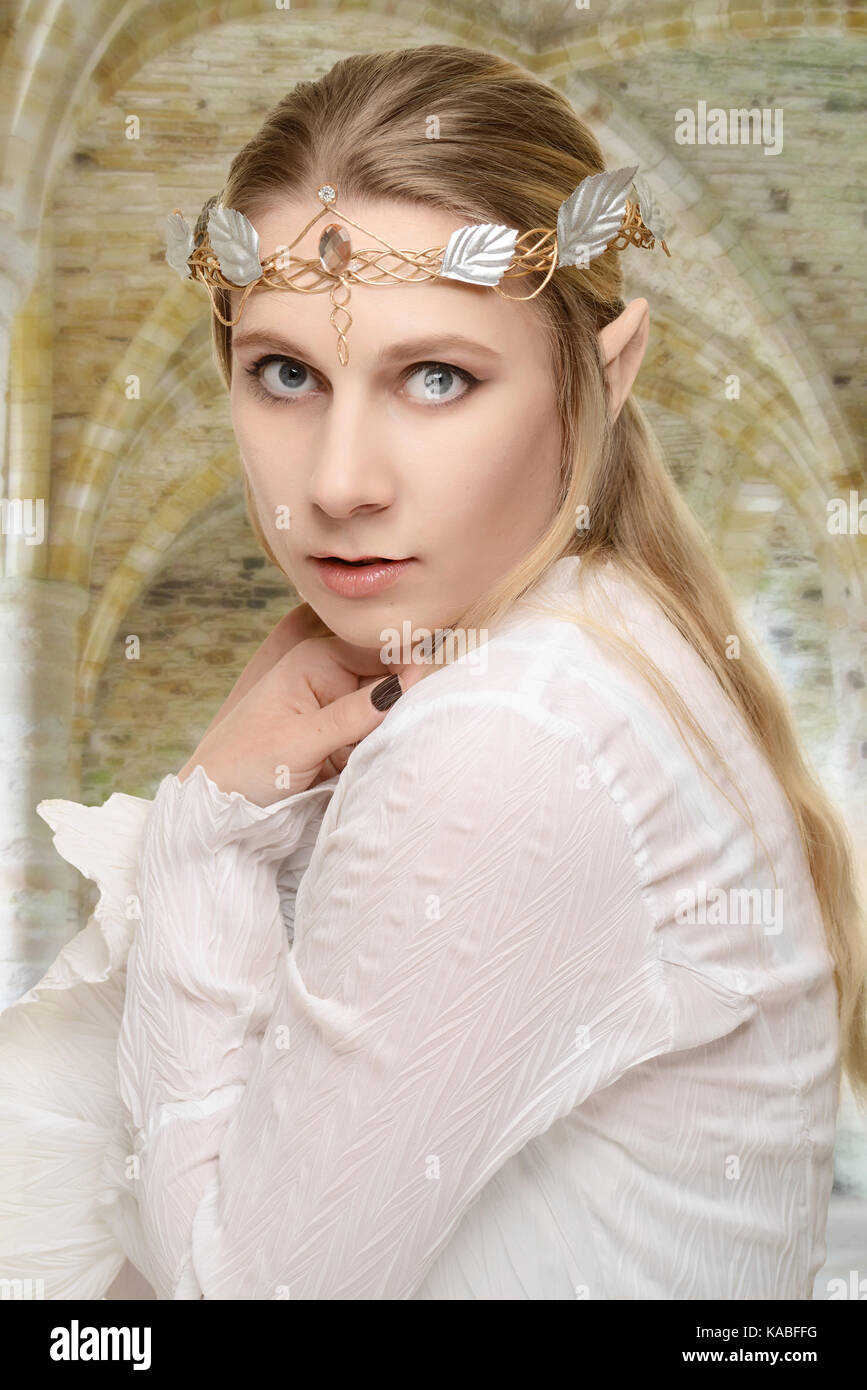 portrait female elf with crown Stock Photo - Alamy