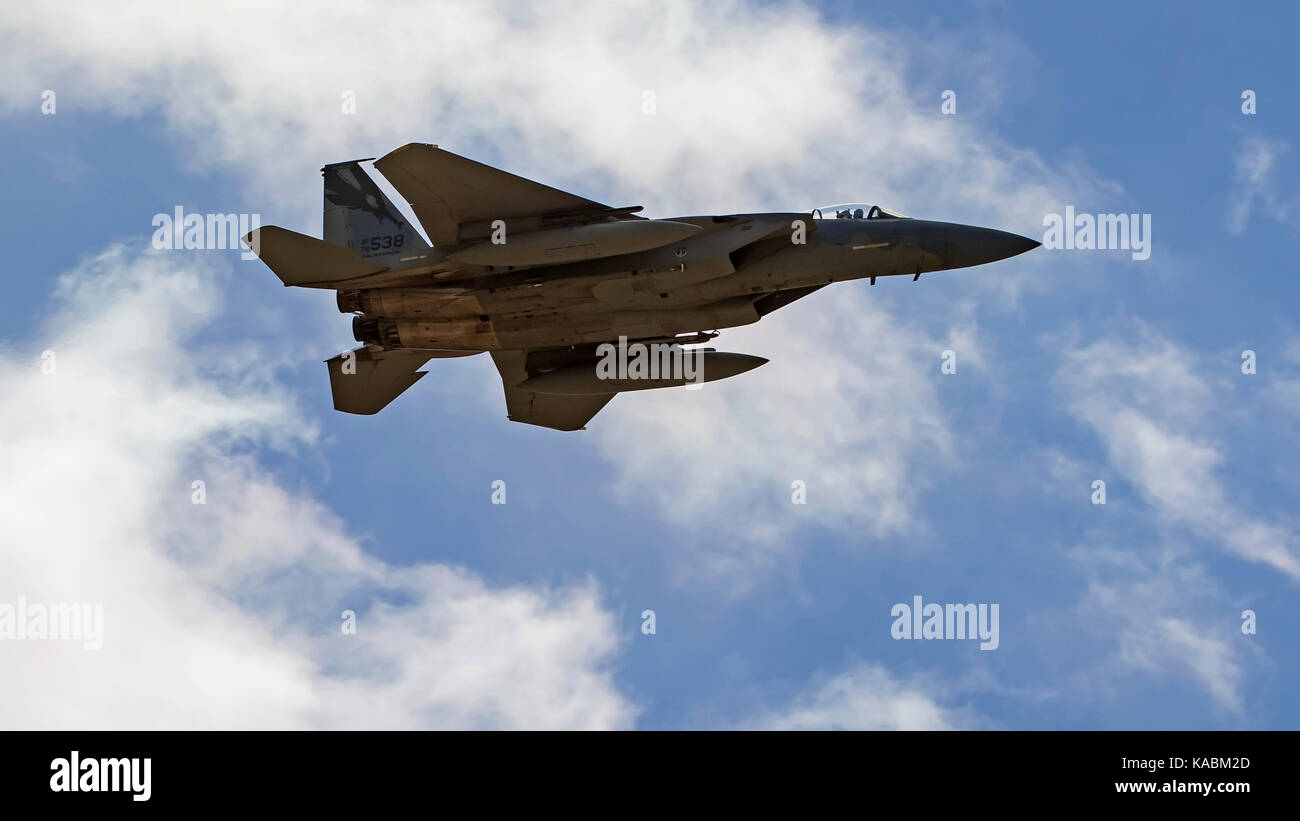 Airplane F-15 Eagle flying at the 2017 Miramar Airshow in San Diego ...