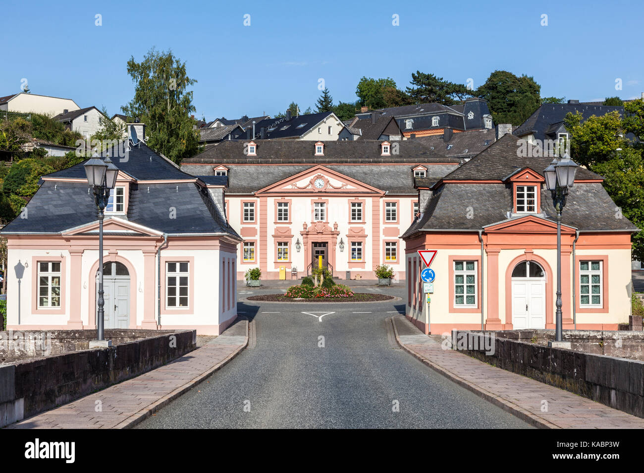 Lahn river bridge and historic gate buildings in the city of Weilburg ...