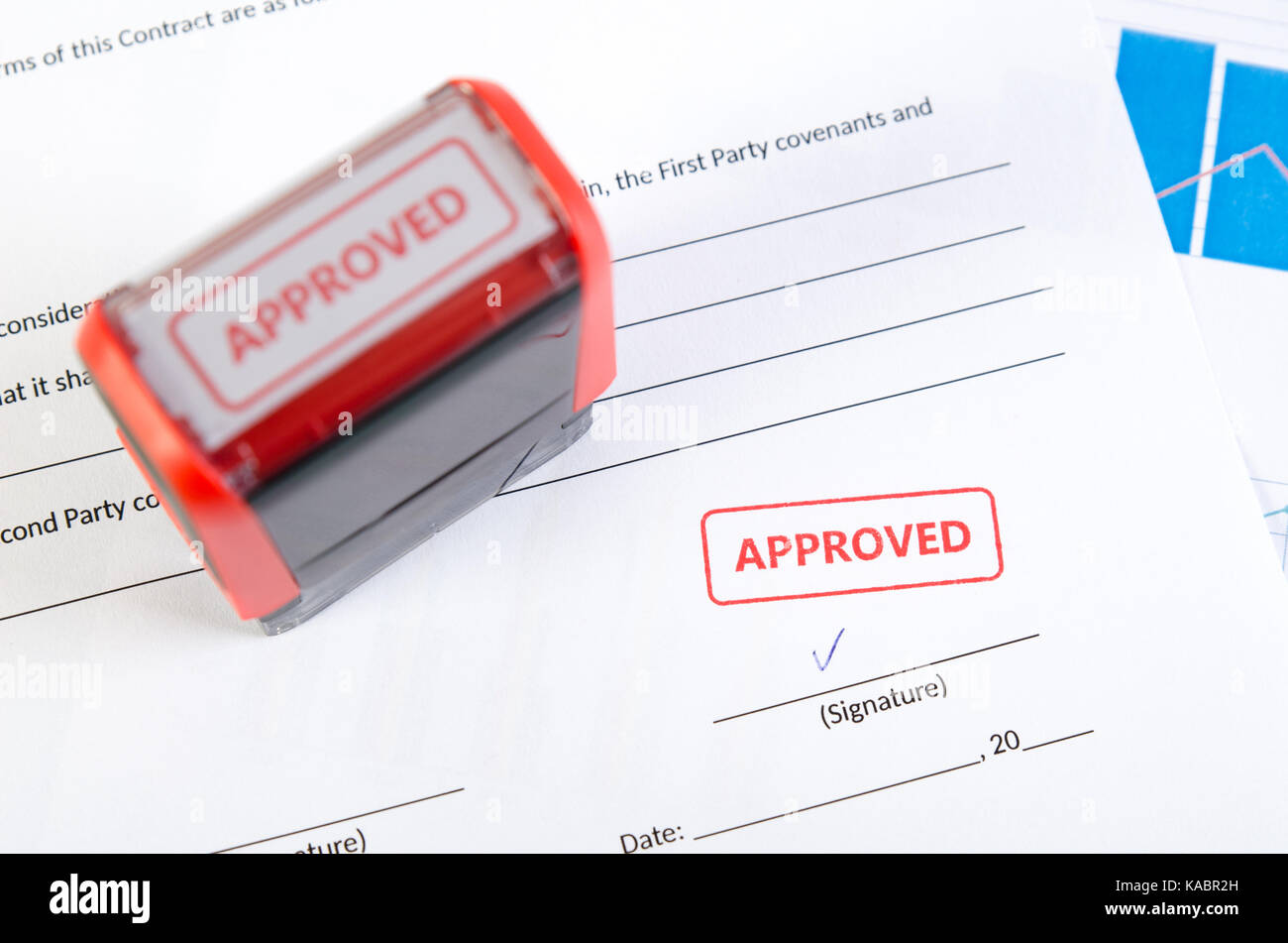Automatic stamp on the contract document. Approved agreement. approve ...