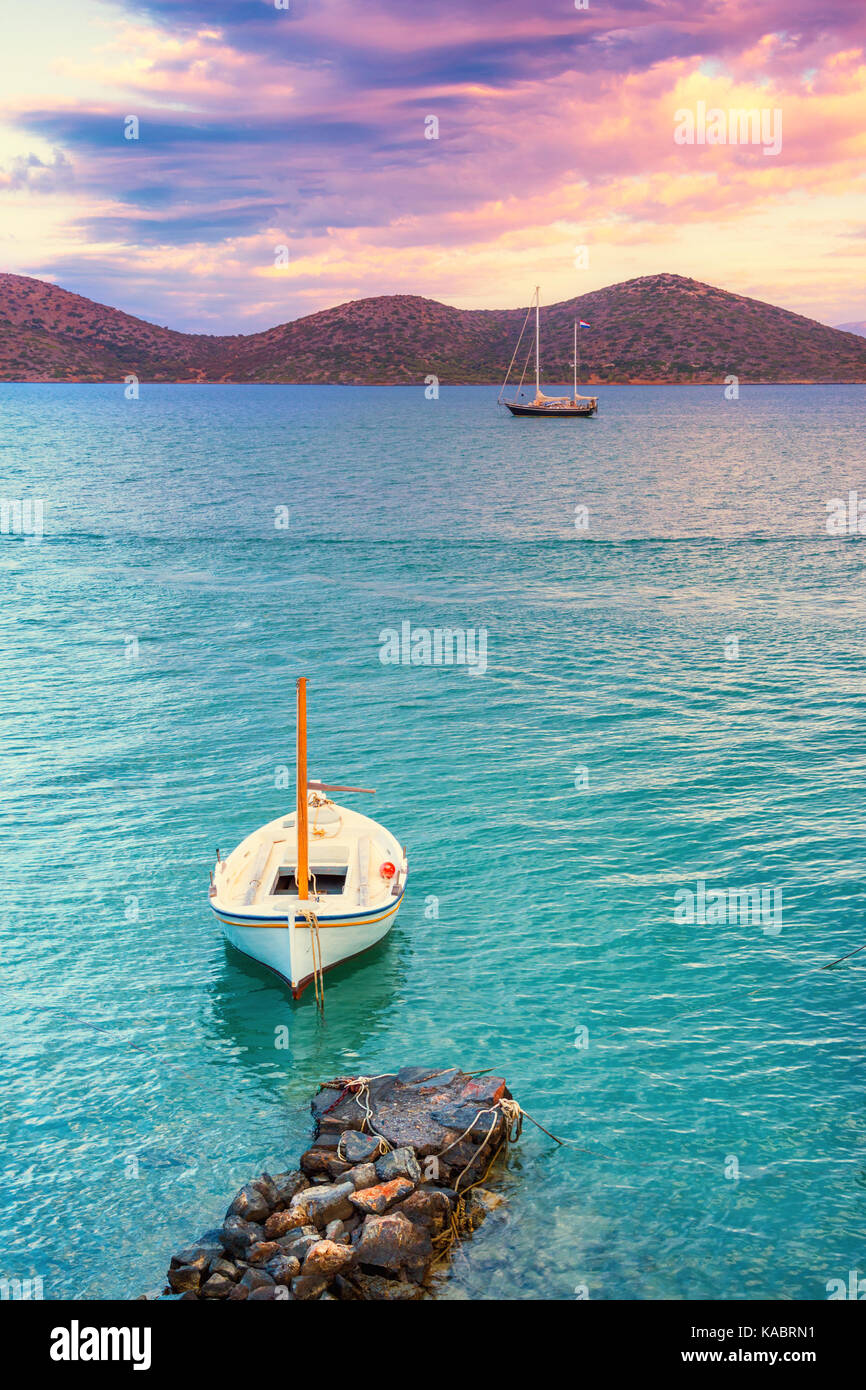Sailing boat anchored in the peaceful gulf of Elounda, Crete Stock ...