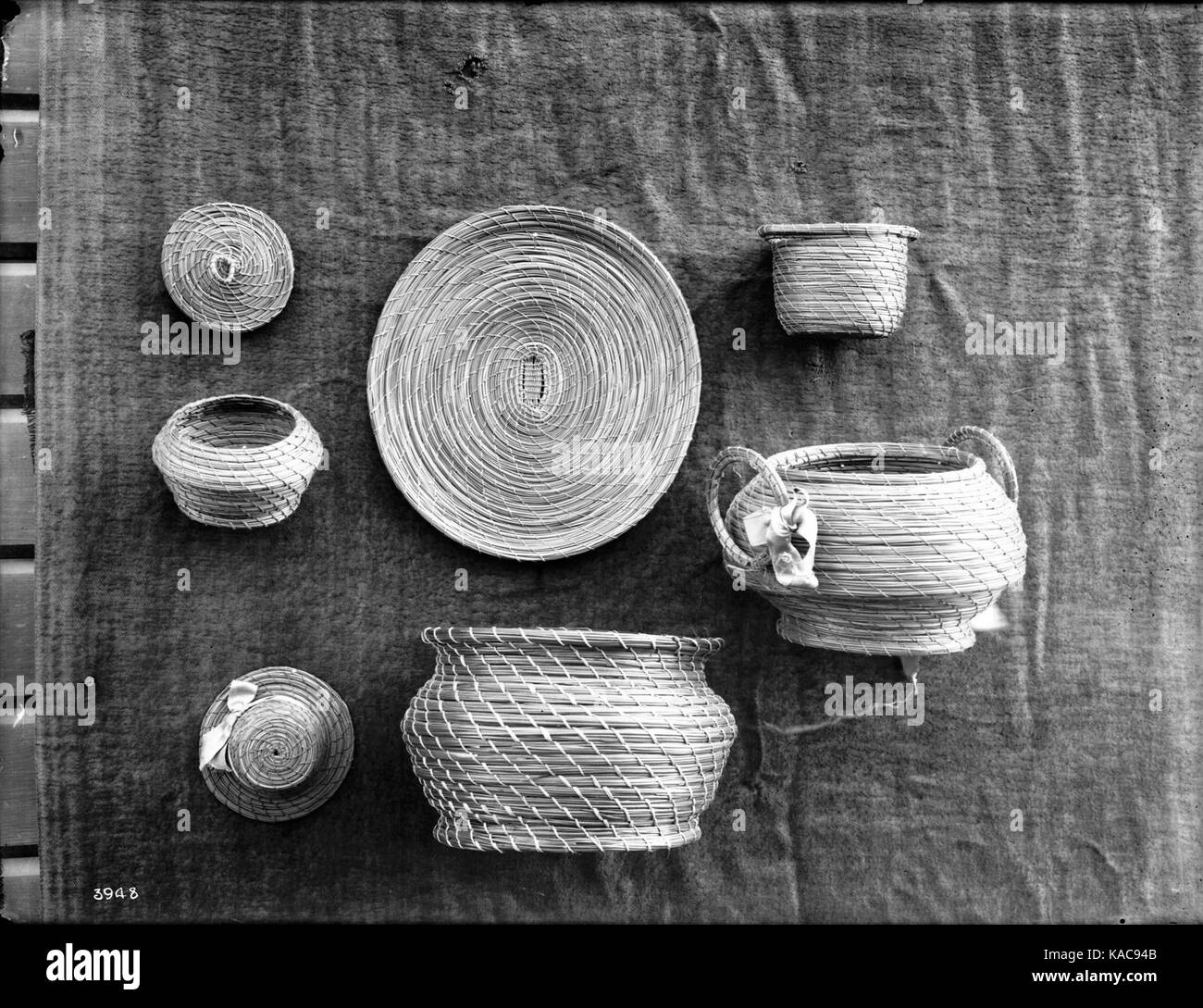Seven unidentified Indian baskets on display, ca.1900 (CHS 3948 Stock ...