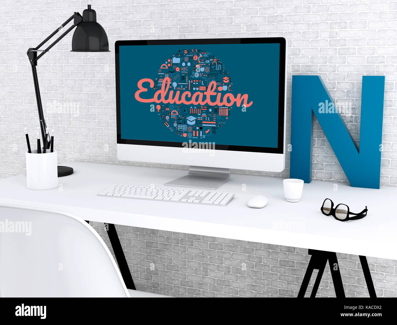 3D illustration. Modern workspace and computer. Online education concept Stock Photo - Alamy