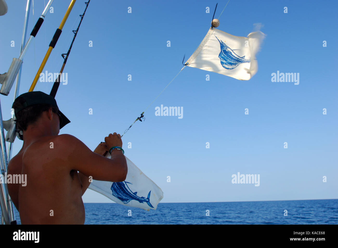 Hoisting sailfish flags at the end of a day offshore fishing near Port ...