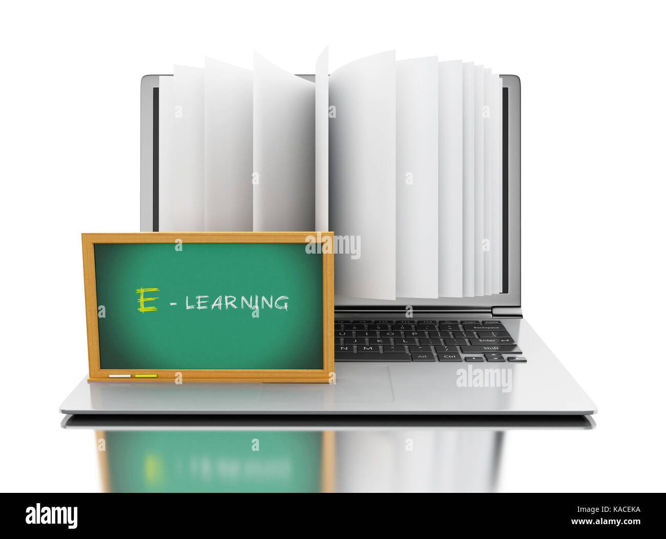 3d illustration. Laptop computer with book pages and "E- learning" text ...