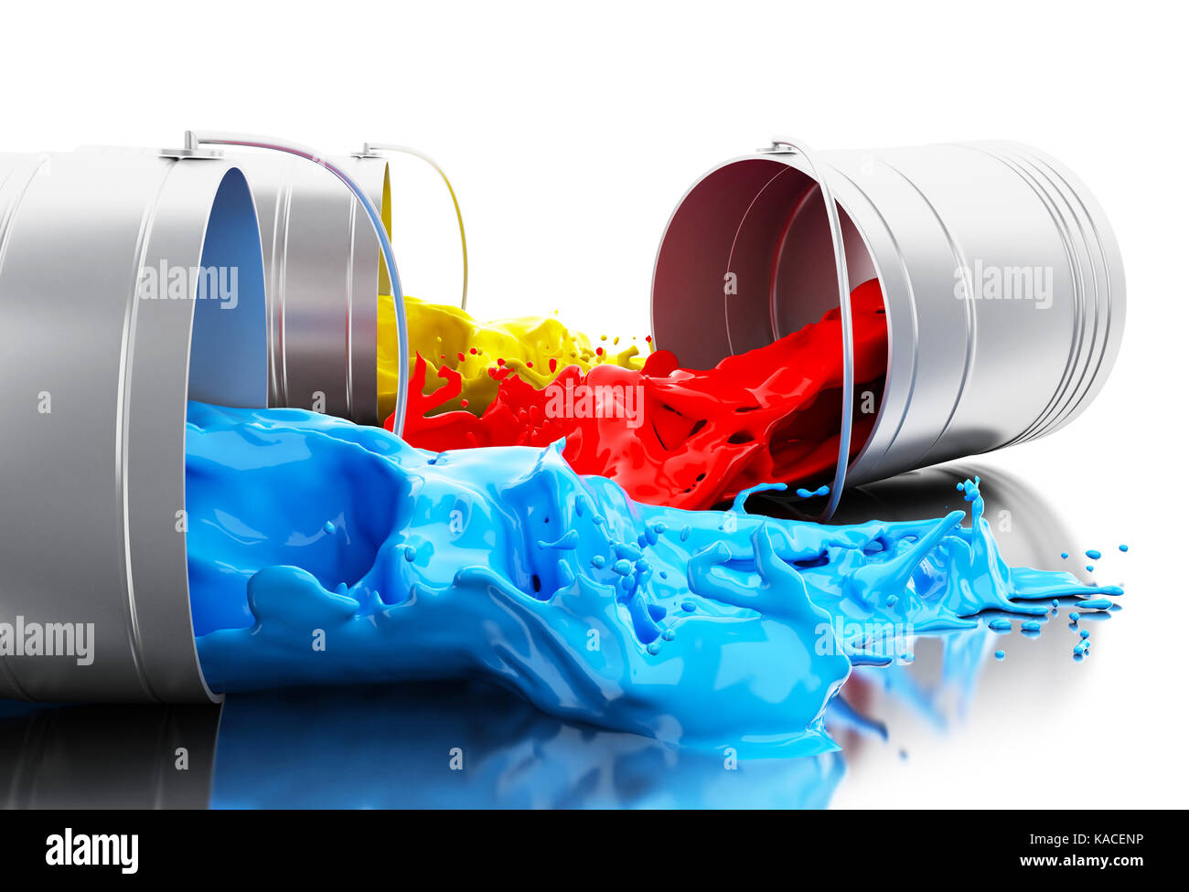 3d illustration. Colorful paint splashing out of cans. Isolated white ...