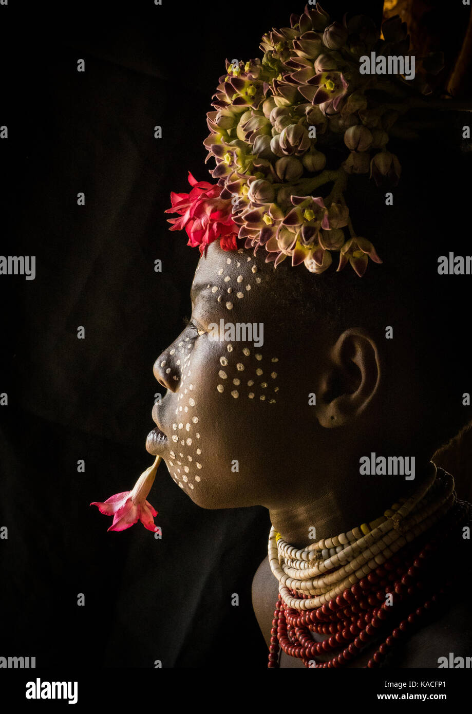 Karo tribe kid with flowers decorations, Korcho, Omo valley, Ethiopia ...