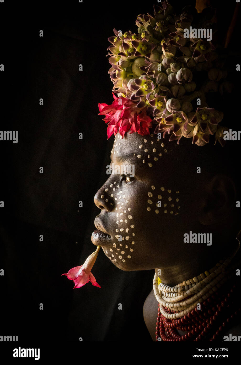 Karo tribe kid with flowers decorations, Korcho, Omo valley, Ethiopia ...
