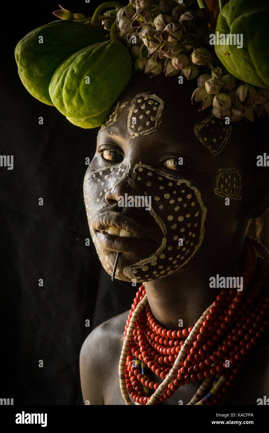 Karo tribe kid with flowers decorations, Korcho, Omo valley, Ethiopia ...
