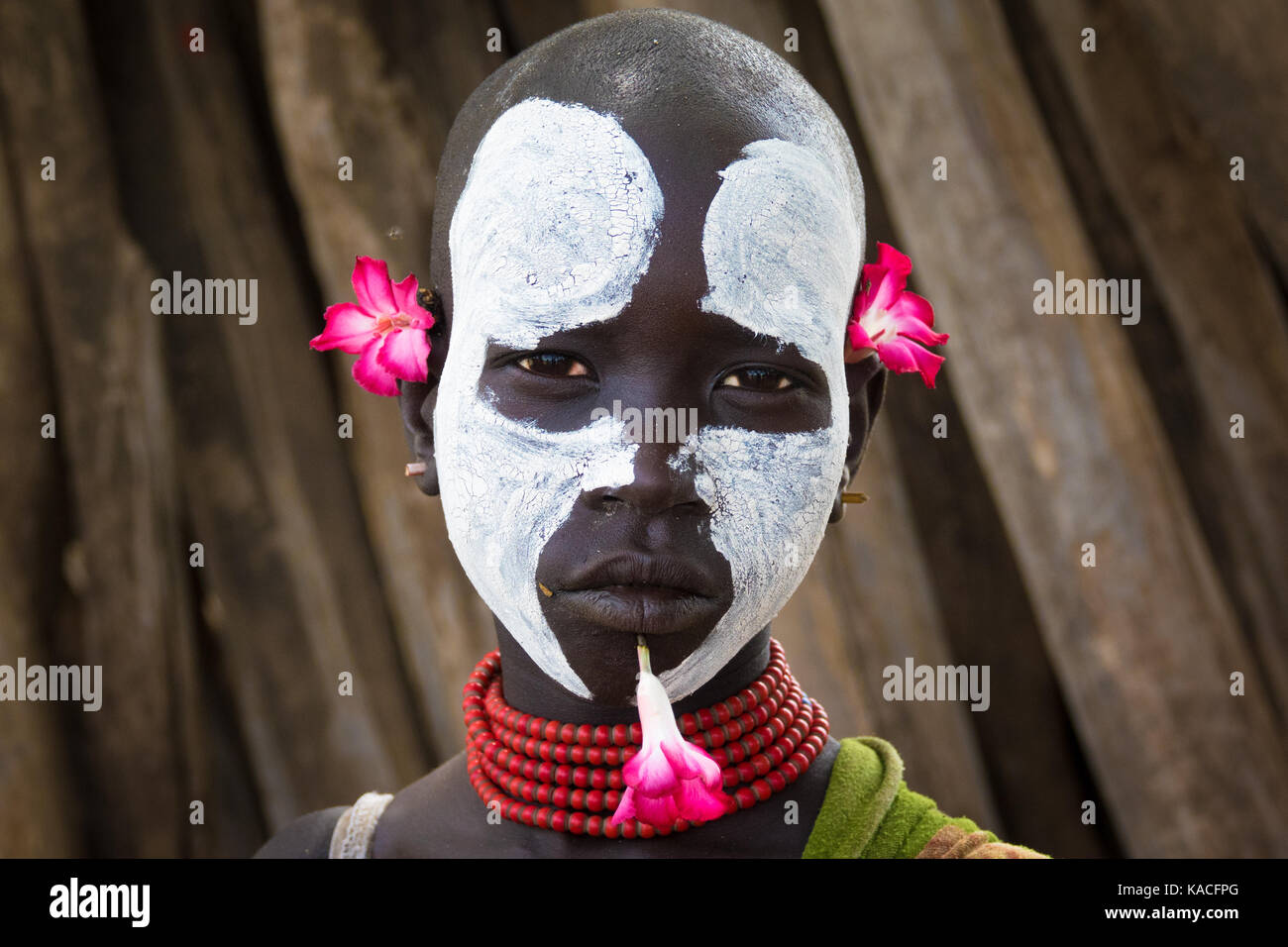 Karo tribe kid with flowers decorations, Korcho, Omo valley, Ethiopia ...