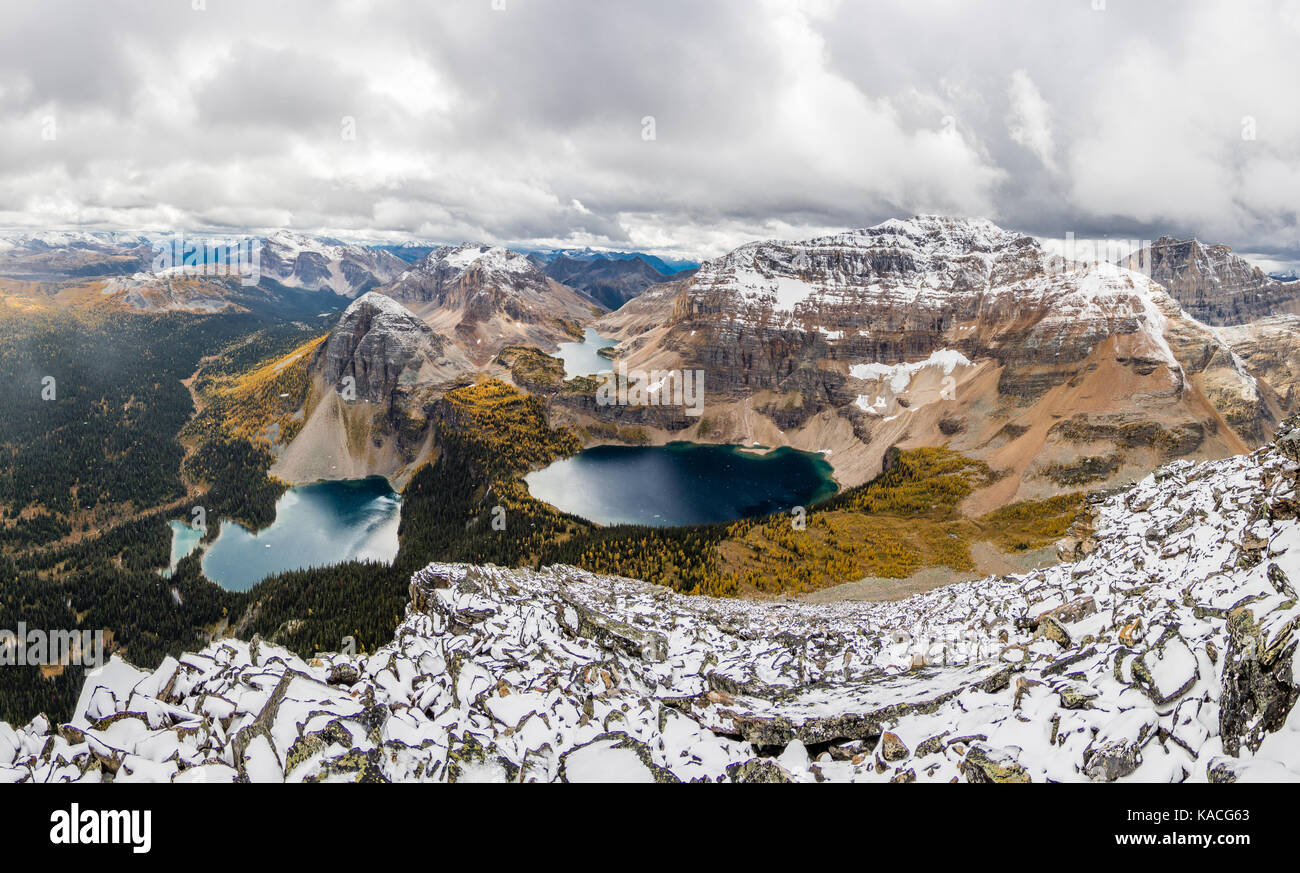 Summit views of Mountain Lakes with Fall Colours and Mountains Stock ...