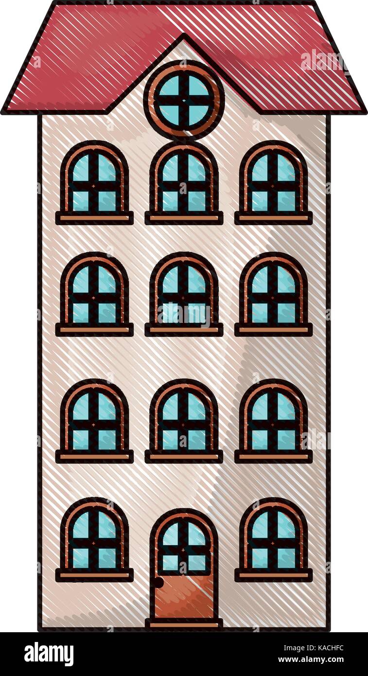building apartment of four floors in colored crayon silhouette Stock ...