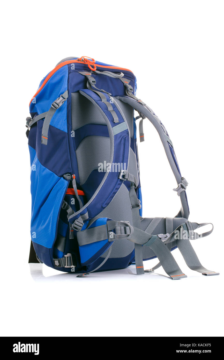 Picture of blue backpack on empty white background in studio Stock ...