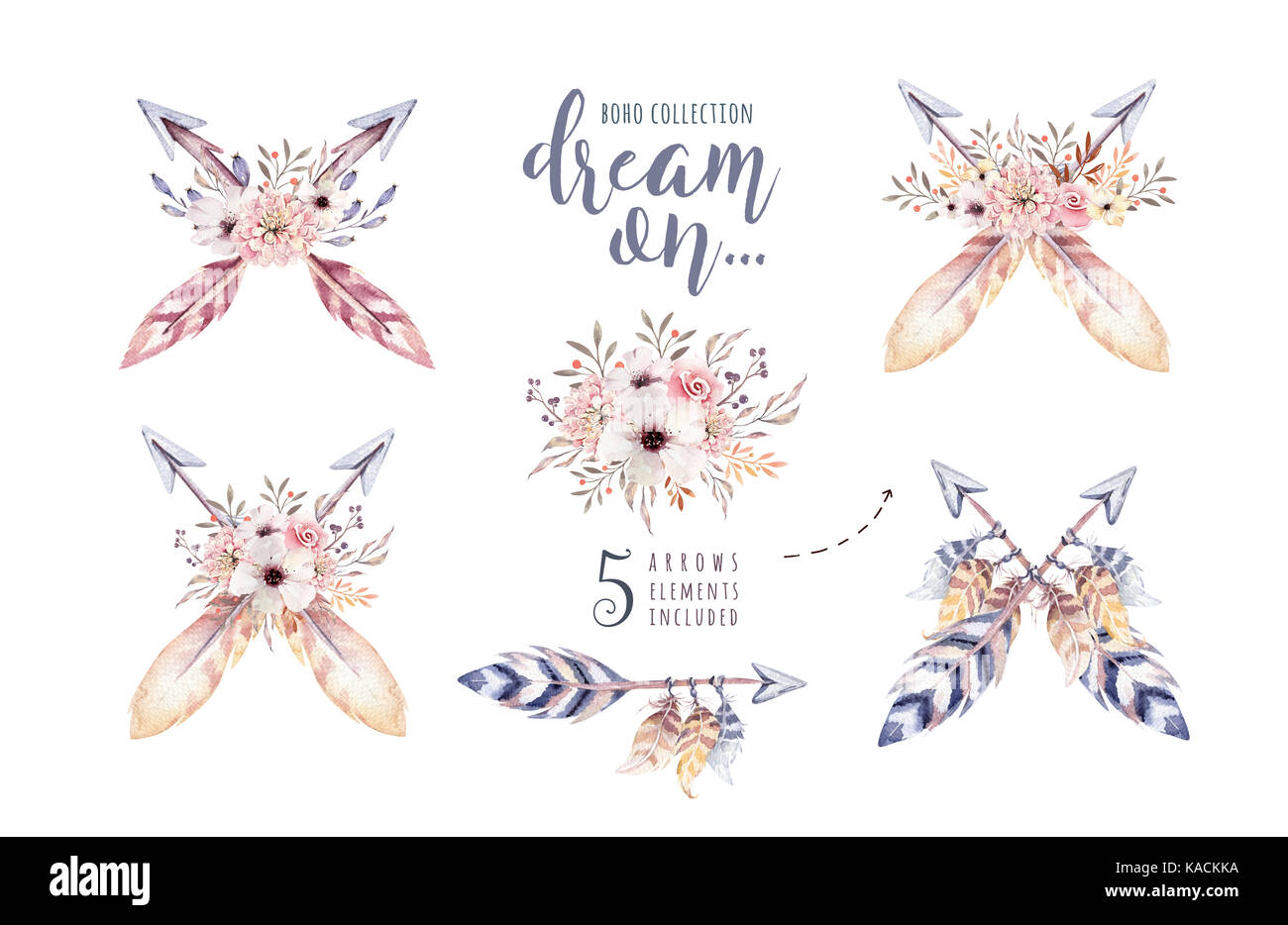 Watercolor colorful ethnic set of arrows and flowers in native American ...