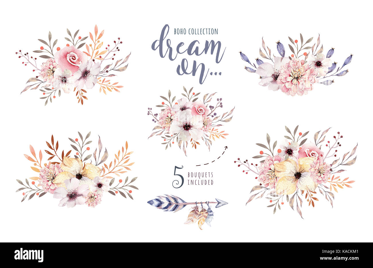 Set of watercolor boho floral bouquets. Watercolour bohemian natural ...