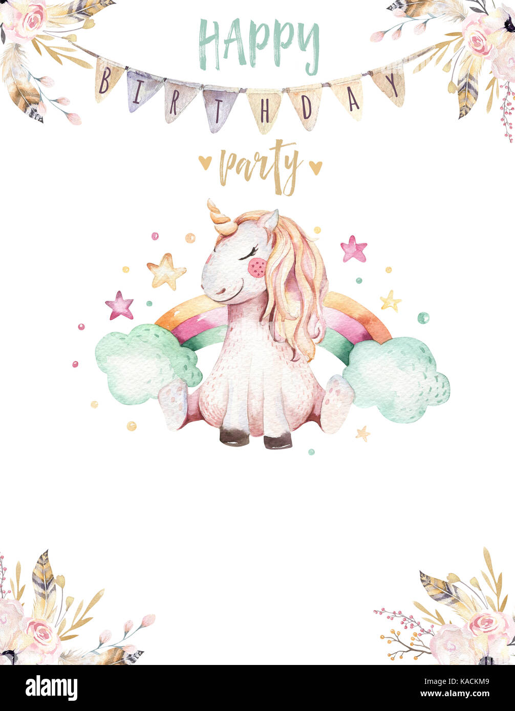 Isolated cute watercolor unicorn invitation card. Nursery unicorns ...