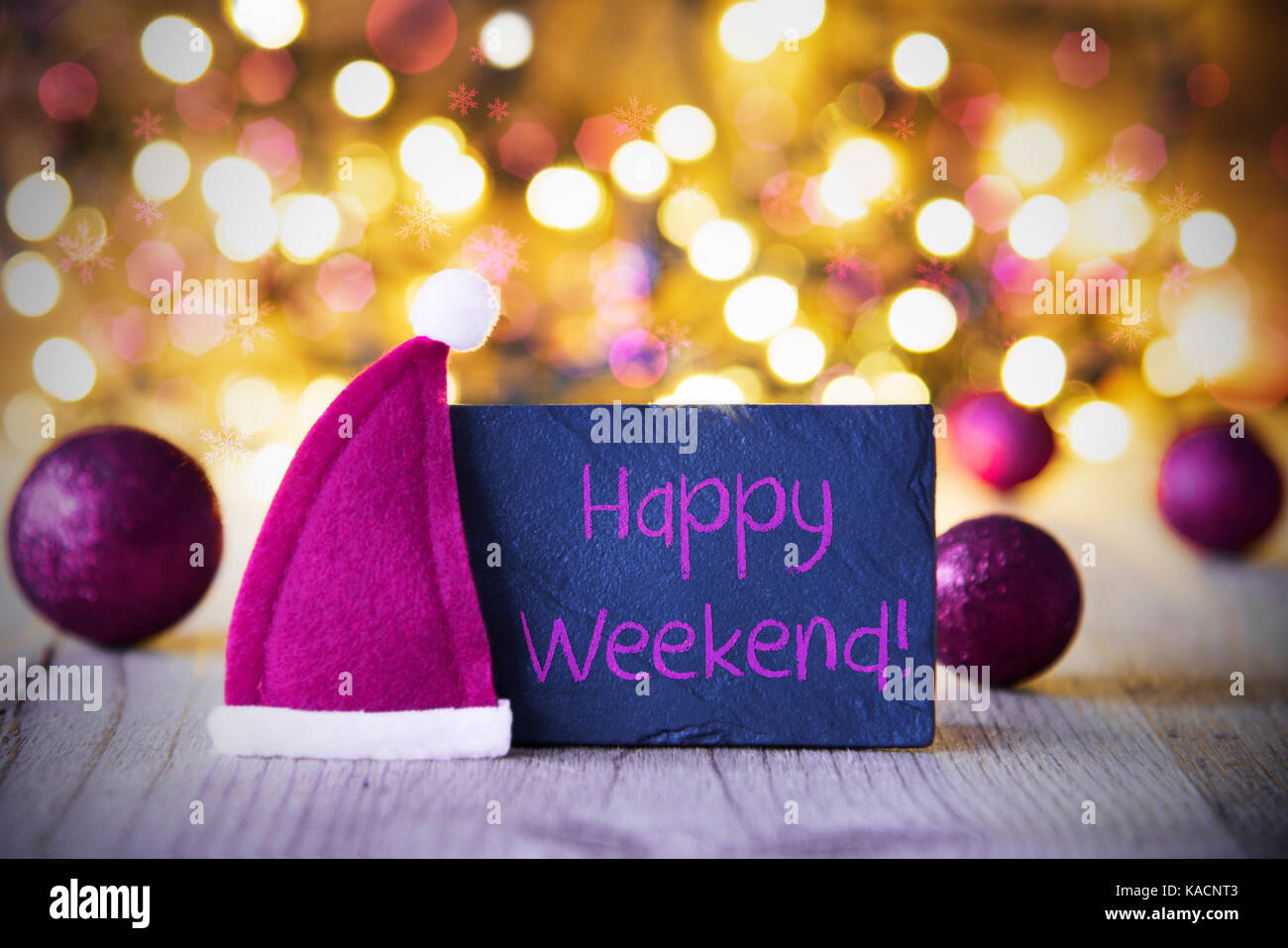 Plate, Santa Hat, Lights, Text Happy Weekend Stock Photo - Alamy