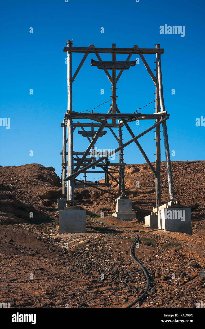 Wooden transportation cableway in Pedra de Lume salt mine. Sal Island ...