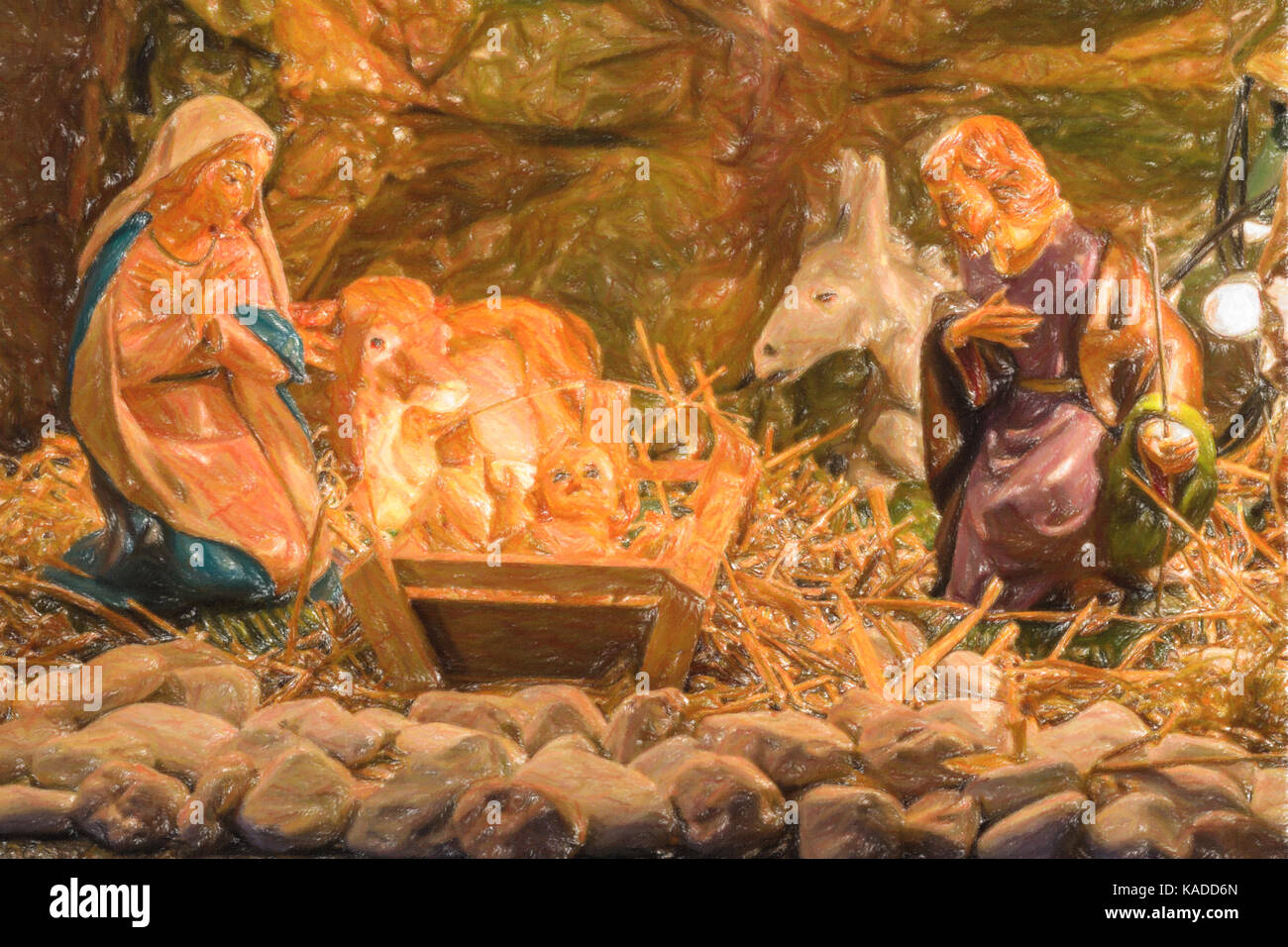 Christmas nativity scene of Holy Baby Jesus in the manger with Blessed ...
