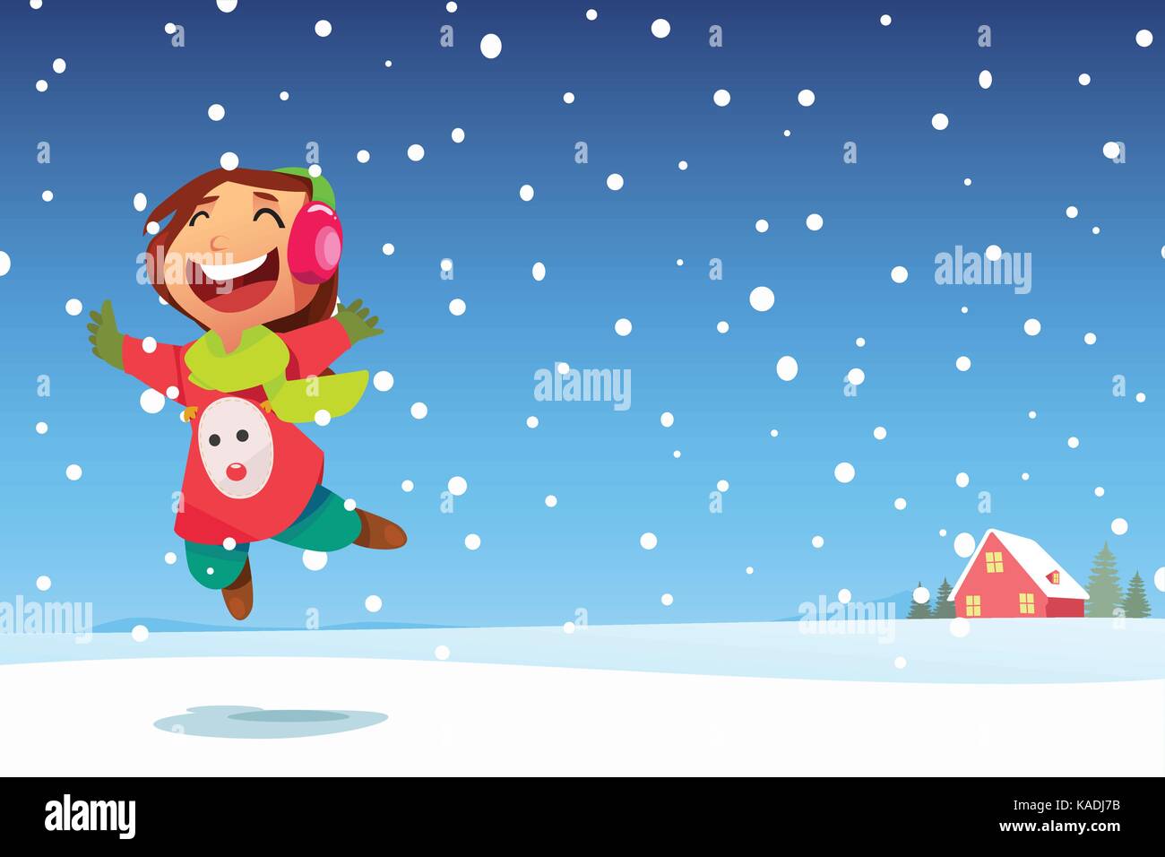 A vector illustration of Happy Girl Jumping in the Snow with Copyspace ...
