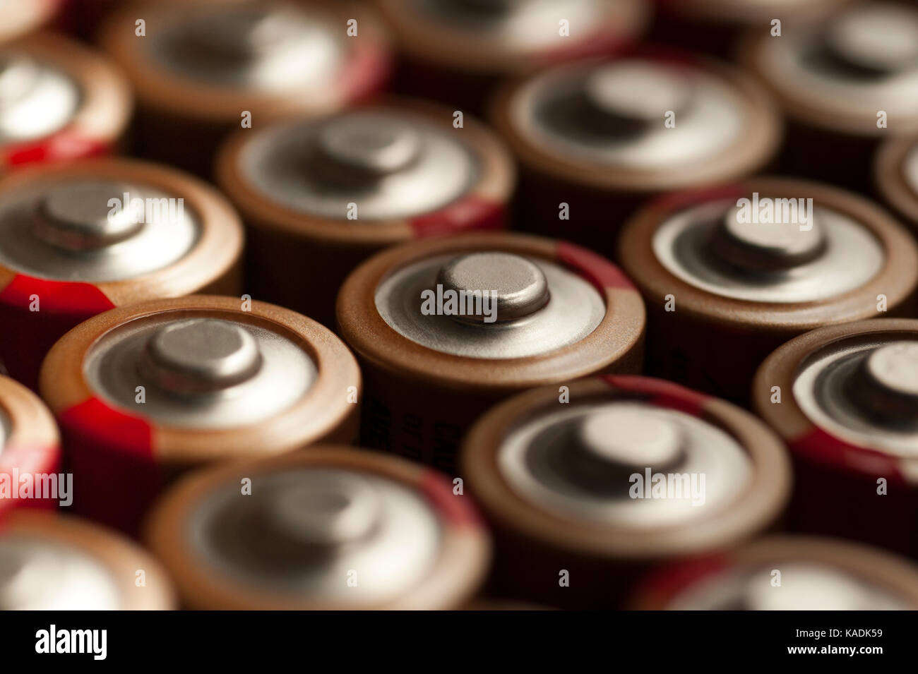 High angle view of batteries in rows Stock Photo - Alamy