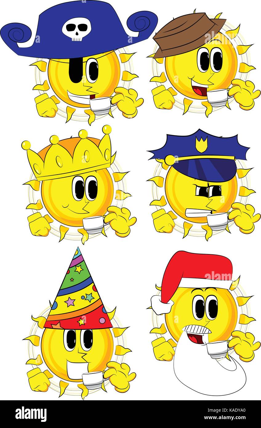 Cartoon sun drinking coffee. Collection with costume. Expressions ...