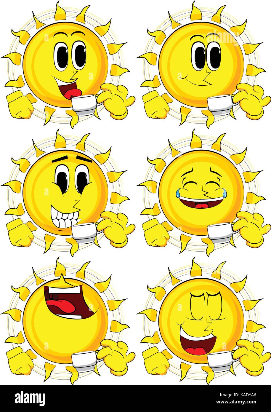 Cartoon sun drinking coffee. Collection with happy faces. Expressions ...