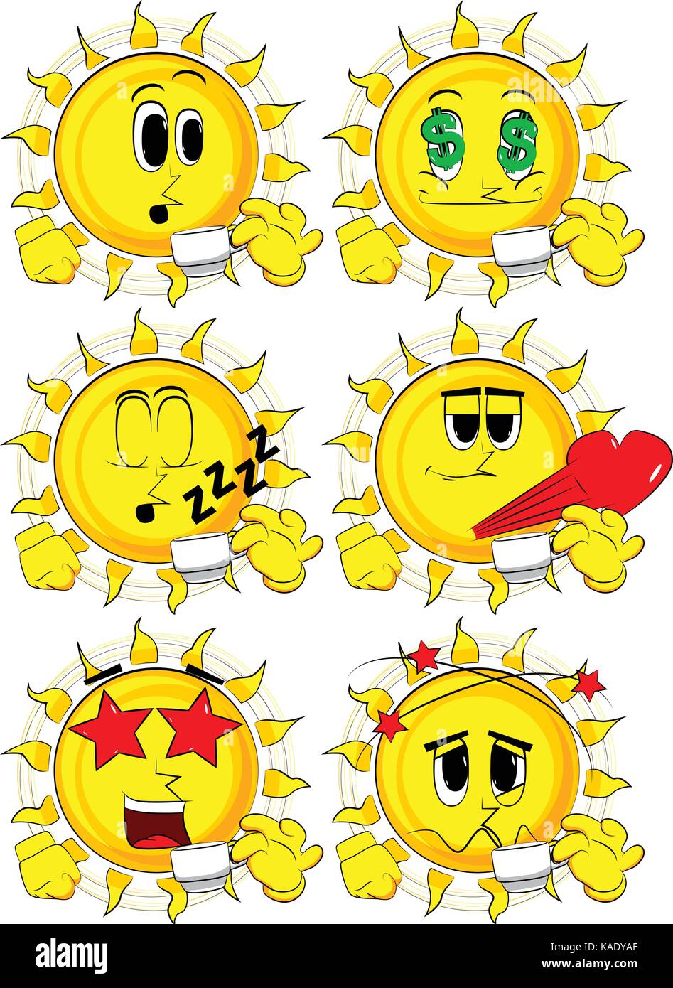 Cartoon sun drinking coffee. Collection with various facial expressions ...