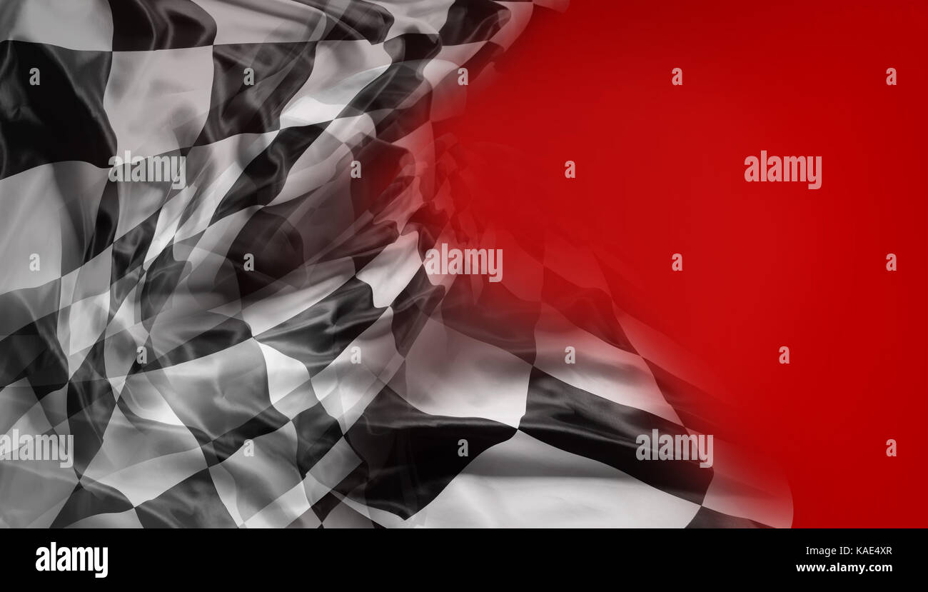 Checkered black and white flag on red background Stock Photo - Alamy