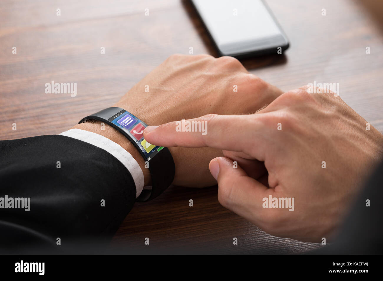 Close-up Of Businessman's Hand Wearing Smartwatch Pressing Call Button ...