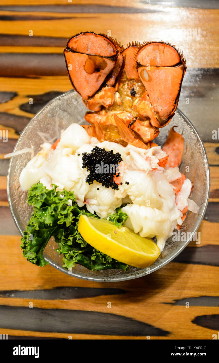 Lobster Sashimi with black tobiko (flying fish roe), lemon and kale ...