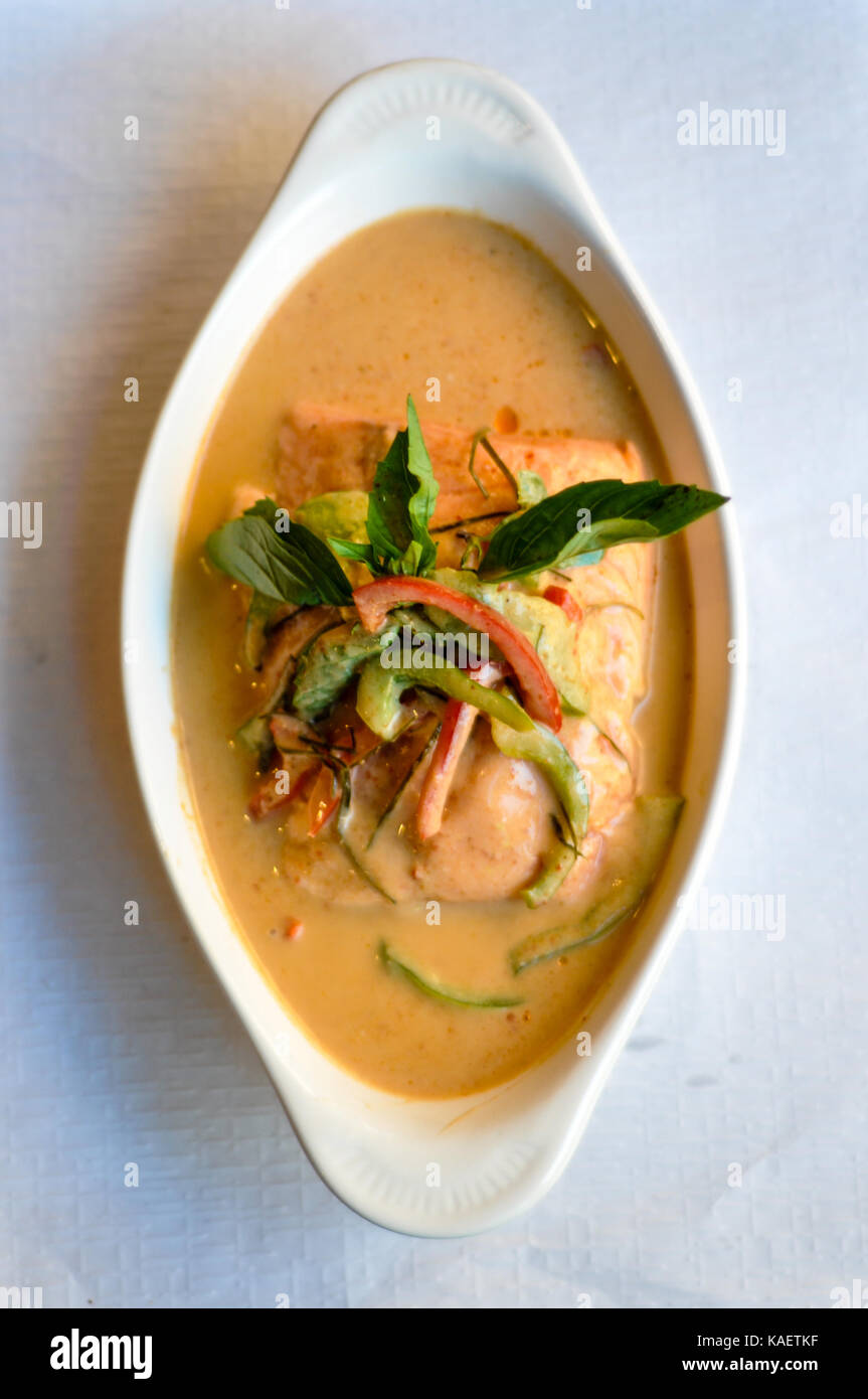 Panang Red Curry Salmon, Salmon steak, bell pepper, basil, and lime ...