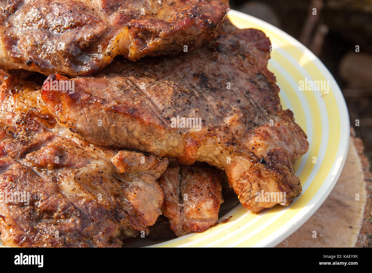 Close up view of juicy slices of meat cooked on an open flame grill on ...