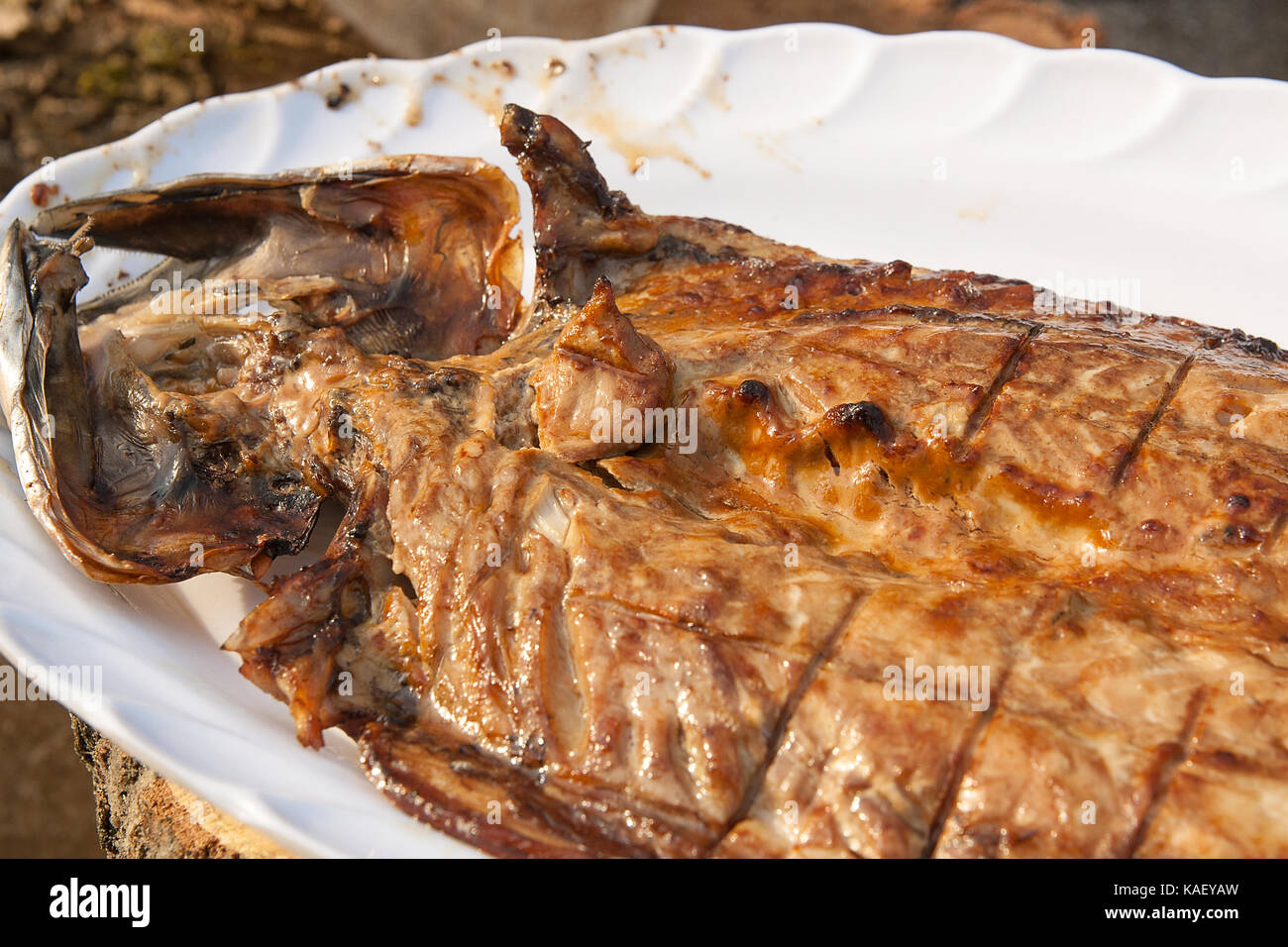 Close up view of fresh fish with sauce cooked on an open flame grill on ...