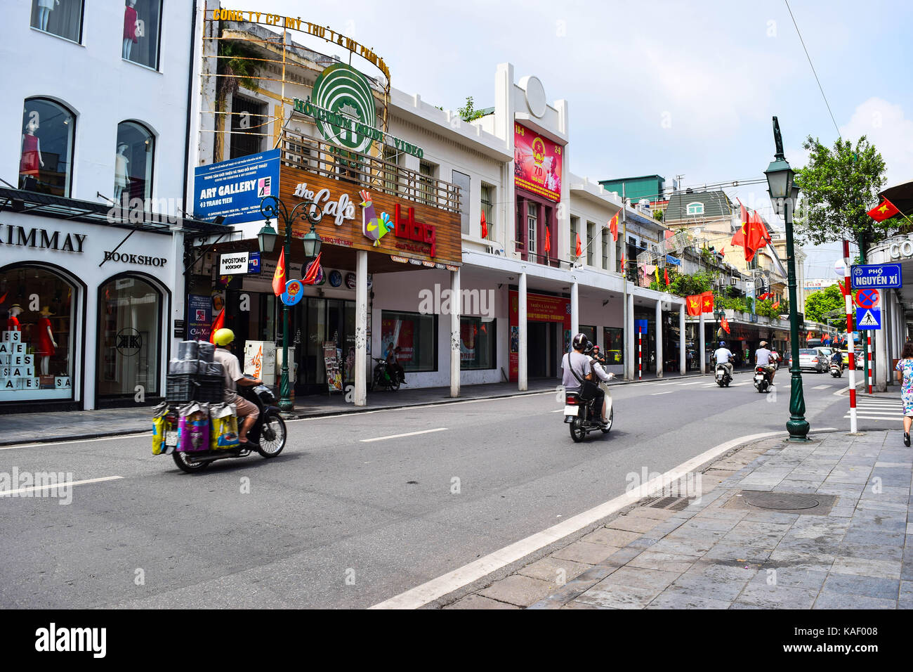 Typical narrow colorful and beautiful houses in the street of Hanoi. Ha ...