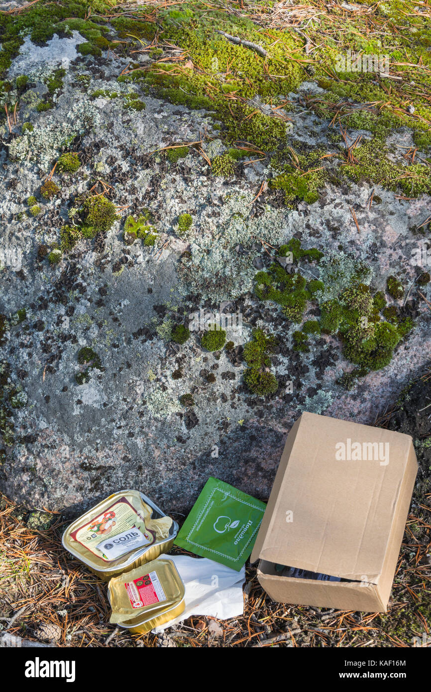 Russian food ration pack opened in the woods Stock Photo - Alamy