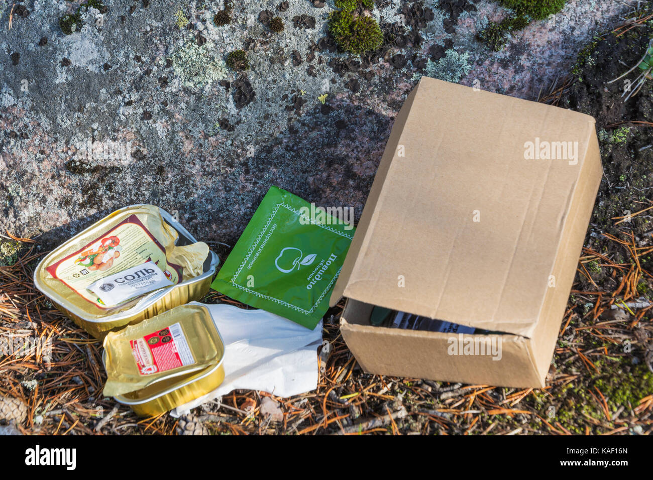 Russian food ration pack opened in the woods Stock Photo - Alamy