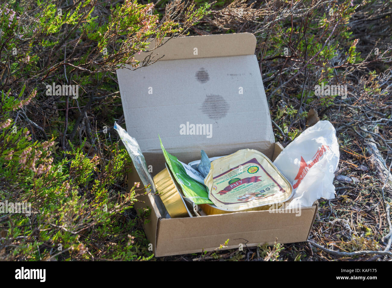 Russian food ration pack opened in the woods Stock Photo - Alamy