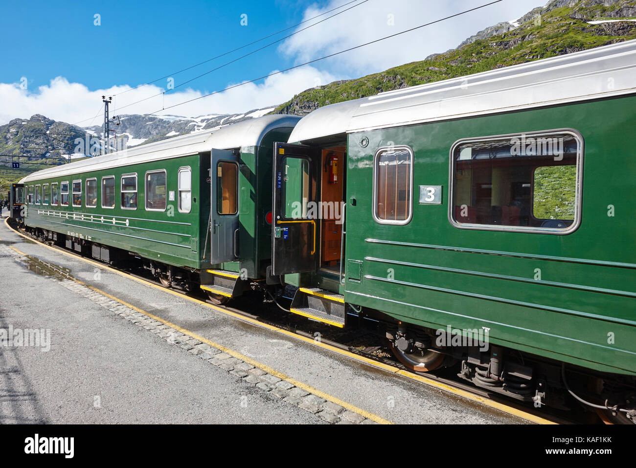 Flam wagon train in Norway. Norwegian tourism highlight. Railway ...
